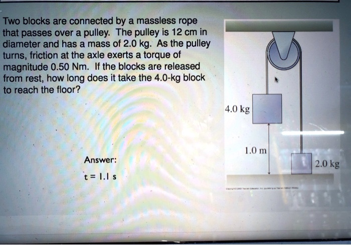 SOLVED: Two blocks are connected by a massless rope that passes over a pulley: The pulley is 12 ...