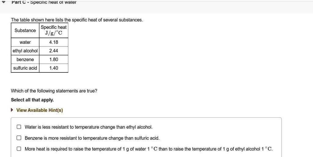 SOLVED: PartC-Speciticheatotwater The table shown here lists the specific heat of several ...