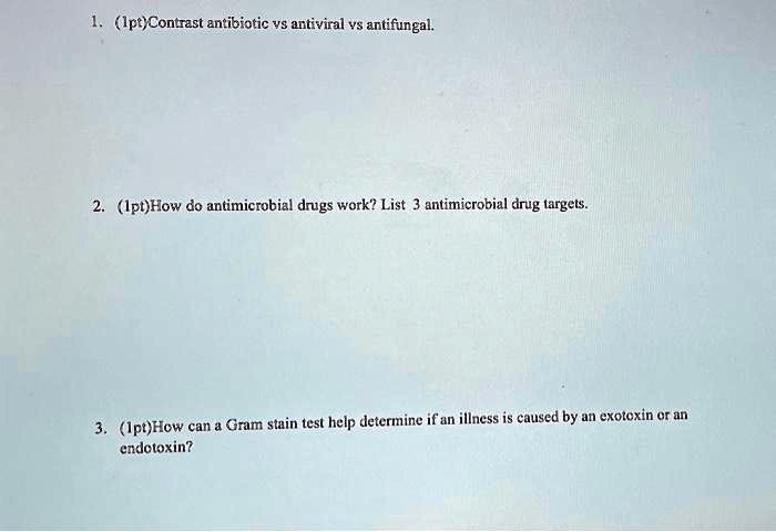 1. (1pt) Contrast antibiotic vs antiviral vs antifungal. 2. (1pt)How do ...