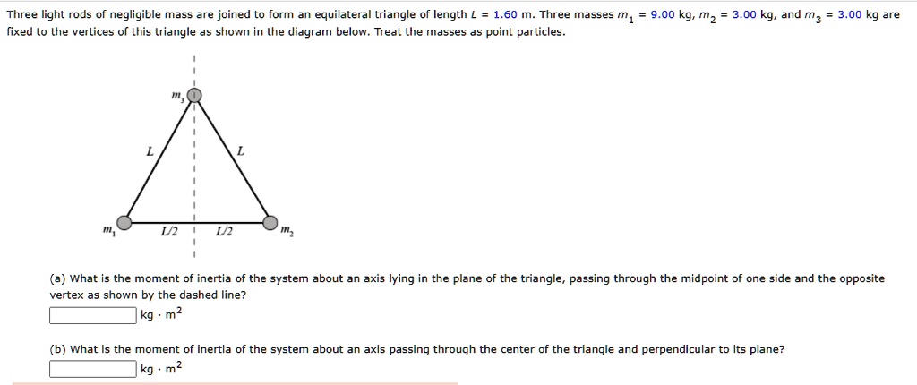 SOLVED: Three light rods of negligible mass are joined to form an ...