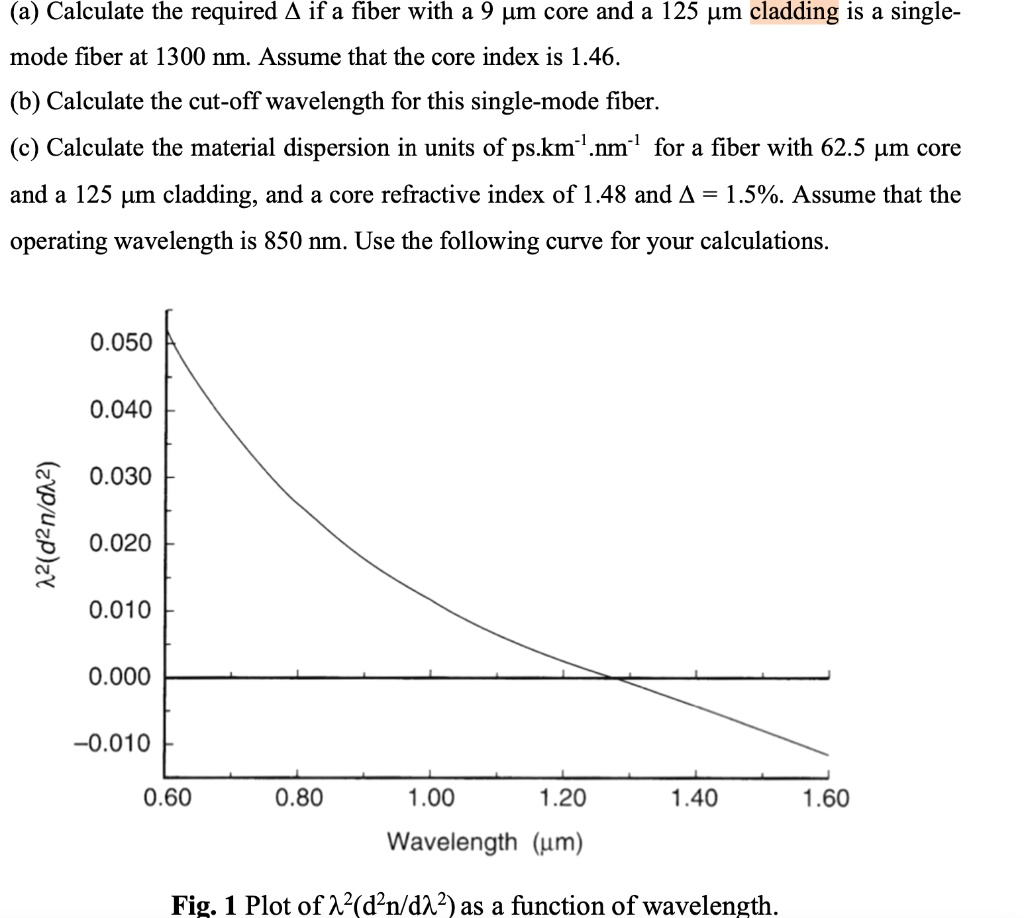 SOLVED: (a) Calculate the required index if a fiber with a 9 um core ...