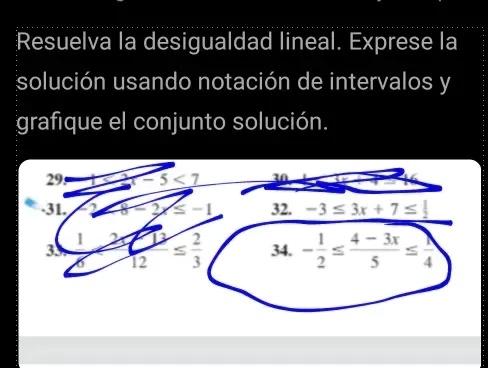 Resuelva la desigualdad lineal. Exprese la solucion usando notacion de intervalos y grafique el ...