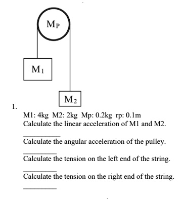 M1: 4kg M2: 2kg Mp: 0.2kg rp: 0.1m Calculate the linear acceleration of M1 and M2. /bar ...