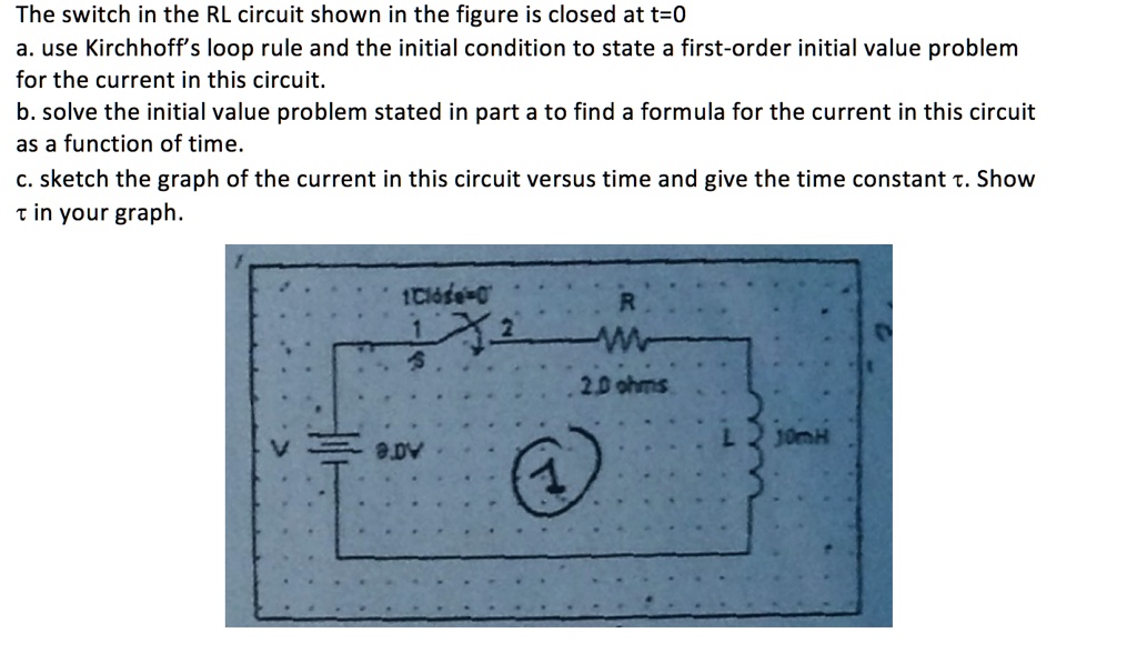 SOLVED: The switch in the RL circuit shown in the figure is closed at t=0. a. Use Kirchhoff's ...
