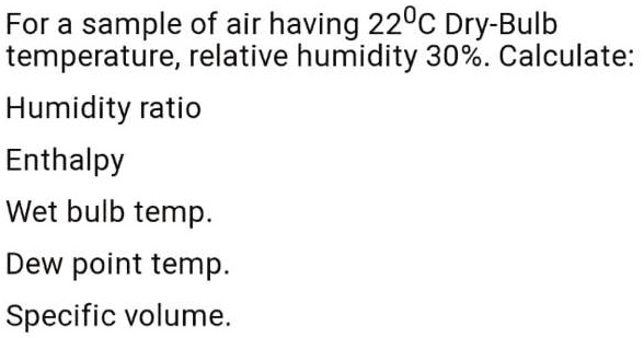 SOLVED: For a sample of air having 220Â°C Dry-Bulb temperature, relative humidity 30%, calculate ...
