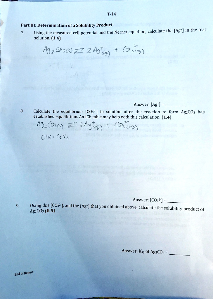 SOLVED: Part III: Determination of a Solubility Product Using the ...