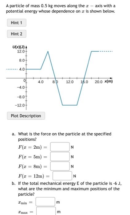 A particle of mass 0.5 kg moves along the x - axis with a potential energy whose dependence on x ...