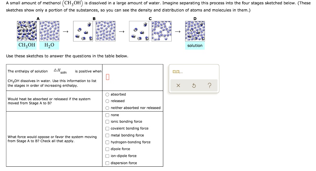 A small amount of methanol (CH3OH) is dissolved in a large amount of ...