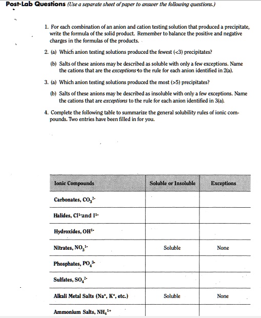 SOLVED: Post-Lab Questions (Use the table below to answer the following ...