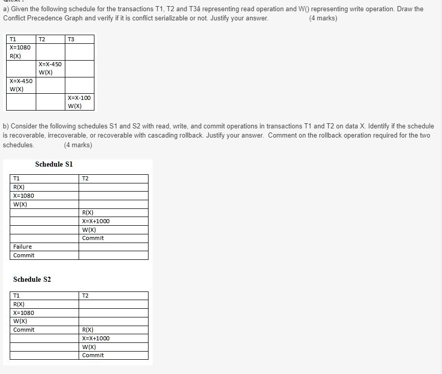 a) Given the following schedule for the transactions T1, T2 and T3â representing read operation ...