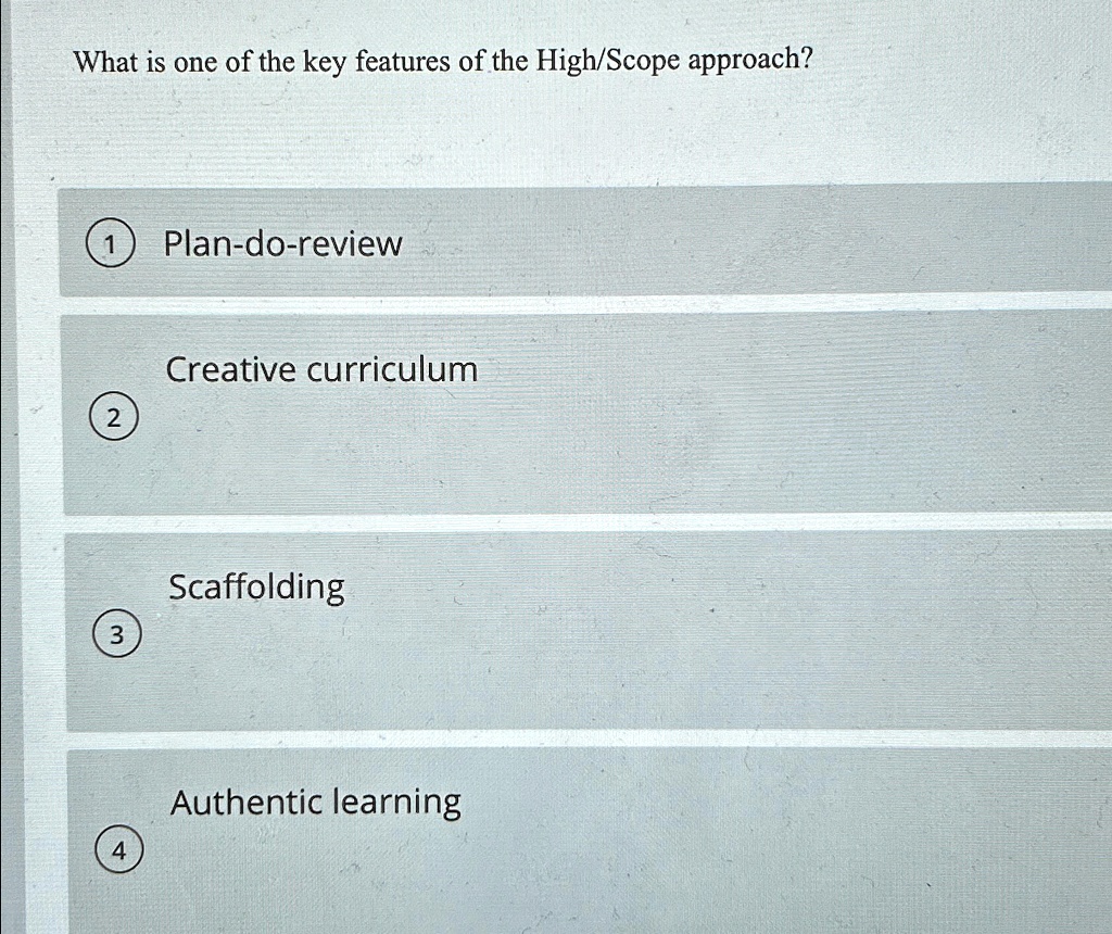 What is one of the key features of the High/Scope approach? 1) Plan-do ...