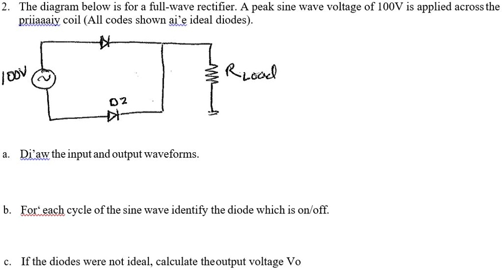 SOLVED: The diagram below is for a full-wave rectifier. A peak sine wave voltage of 100V is ...