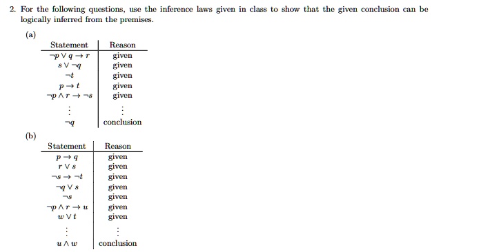 2. For the following questions, use the inference laws given in class ...