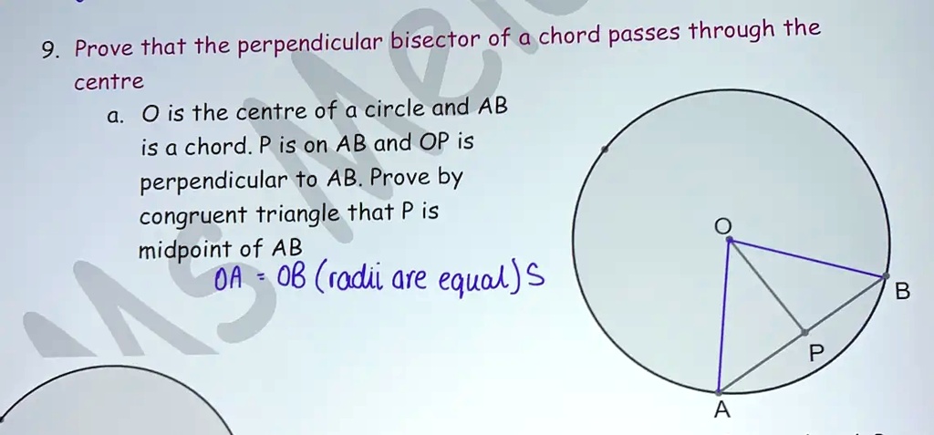 SOLVED: Prove that the perpendicular bisector of a chord passes through ...