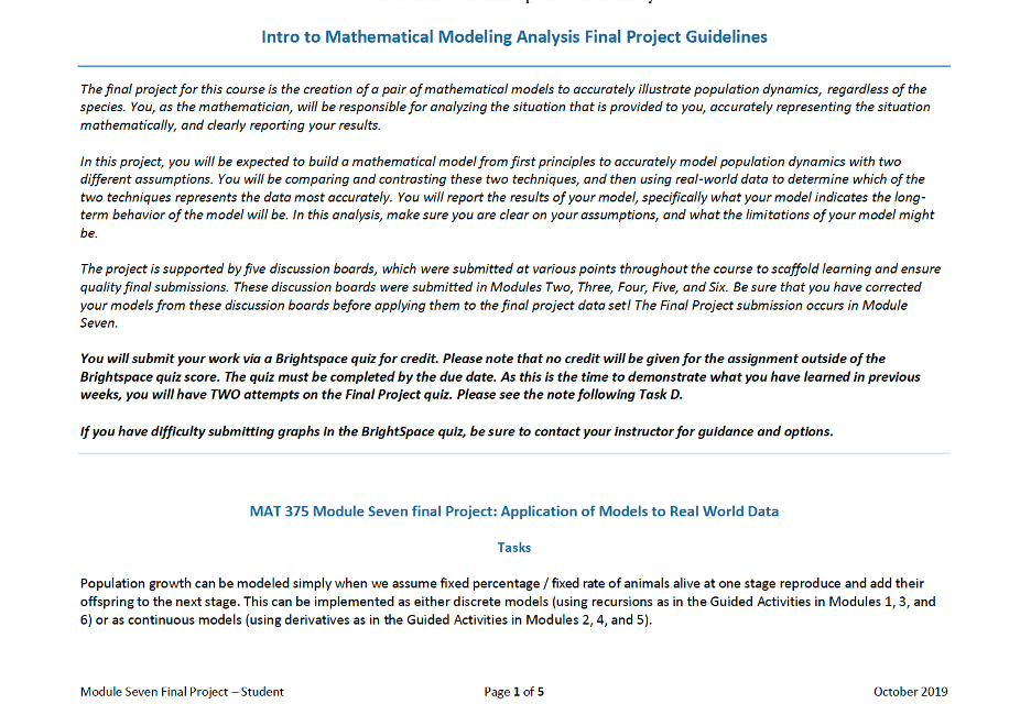 Intro to Mathematical Modeling Analysis Final Project Guidelines The ...
