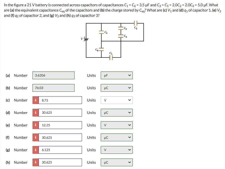 SOLVED: In the figure, a 21 V battery is connected across capacitors of ...