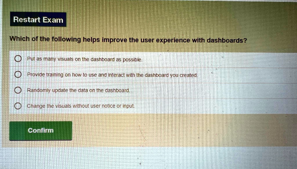 SOLVED: Restart Exam Which of the following helps improve the user ...