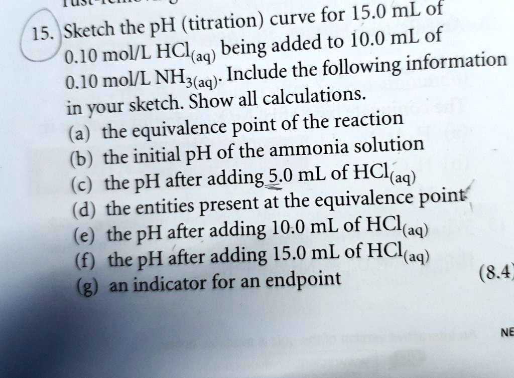 SOLVED: 4St (titration) curve for 15.0 mL of 15. Sketch the pH 10.0 mL of 0.10 molL HClaq) being ...