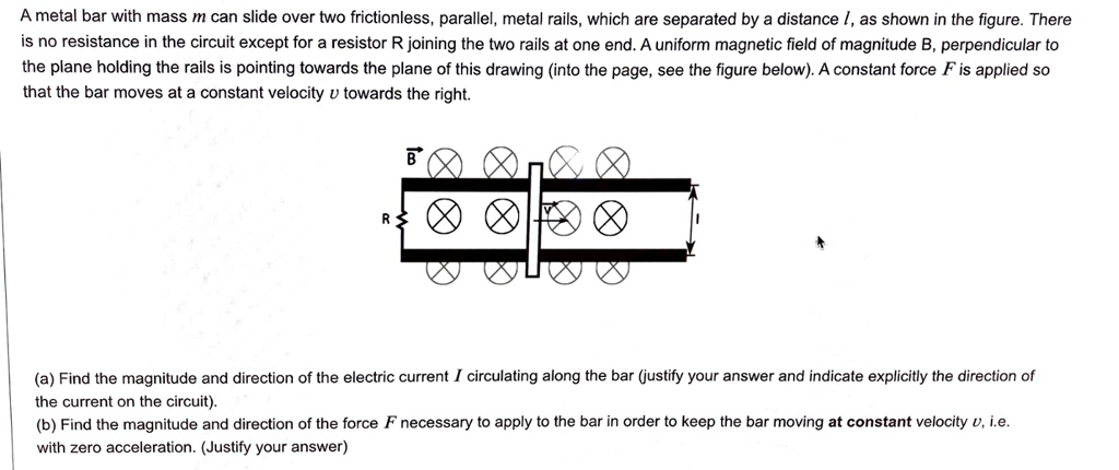SOLVED: A metal bar with mass m can slide over two frictionless parallel, metal rails which are ...