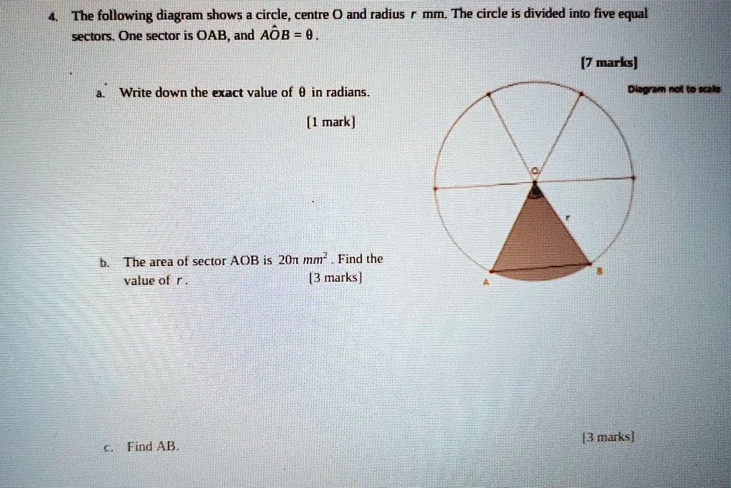 The following diagram shows a circle, center O and radius r mm. The circle is divided into five ...