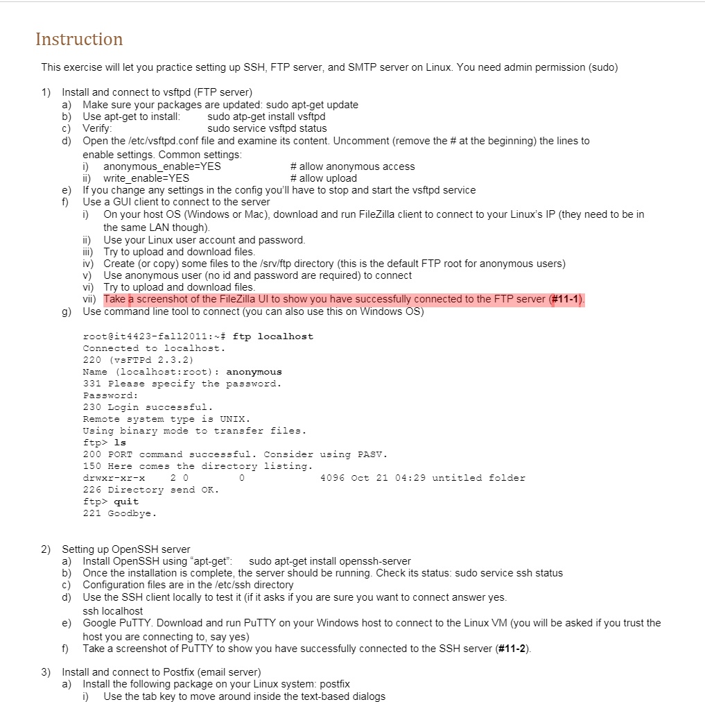 instruction this exercise will let you practice setting up ssh ftp server and smtp server on ...