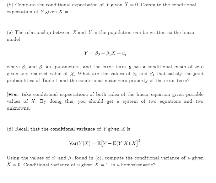 SOLVED: Compute the conditional expectation of Y given ] = 0. Compute ...