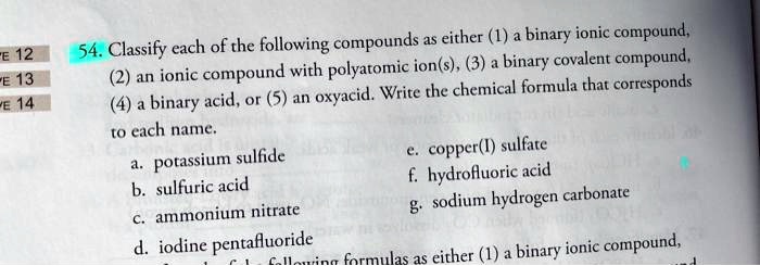 SOLVED: Classify each of the following compounds as either (1) a binary ionic compound, (2) a ...