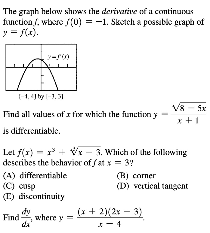 Solved The Graph Below Shows The Derivative Of A Continuous Function F Where F 0 3 Sketch A