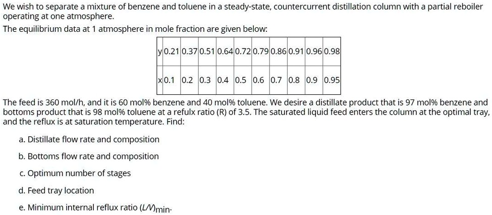 SOLVED: We wish to separate a mixture of benzene and toluene in a steady-state, countercurrent ...