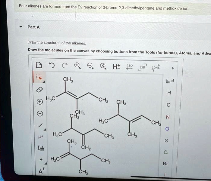 Four alkenes are formed from the E2 reaction of 3-bromo-2,3-dimethylpentane and methoxide ion ...