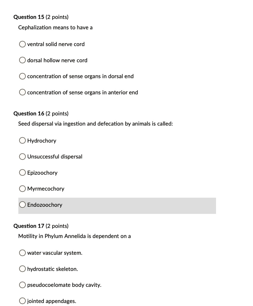 SOLVED: Question 15 (2 points) Cephalization means to have a ventral ... SOLVED: Question 15 (2 points) Cephalization means to have a ventral ...