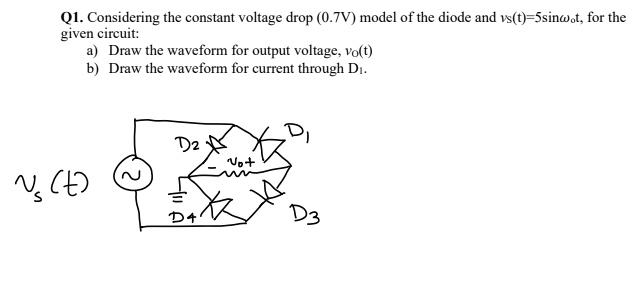 SOLVED: Q1. Considering the constant voltage drop (0.7V) model of the diode and vs(t) = 5sin(Ï‰t ...