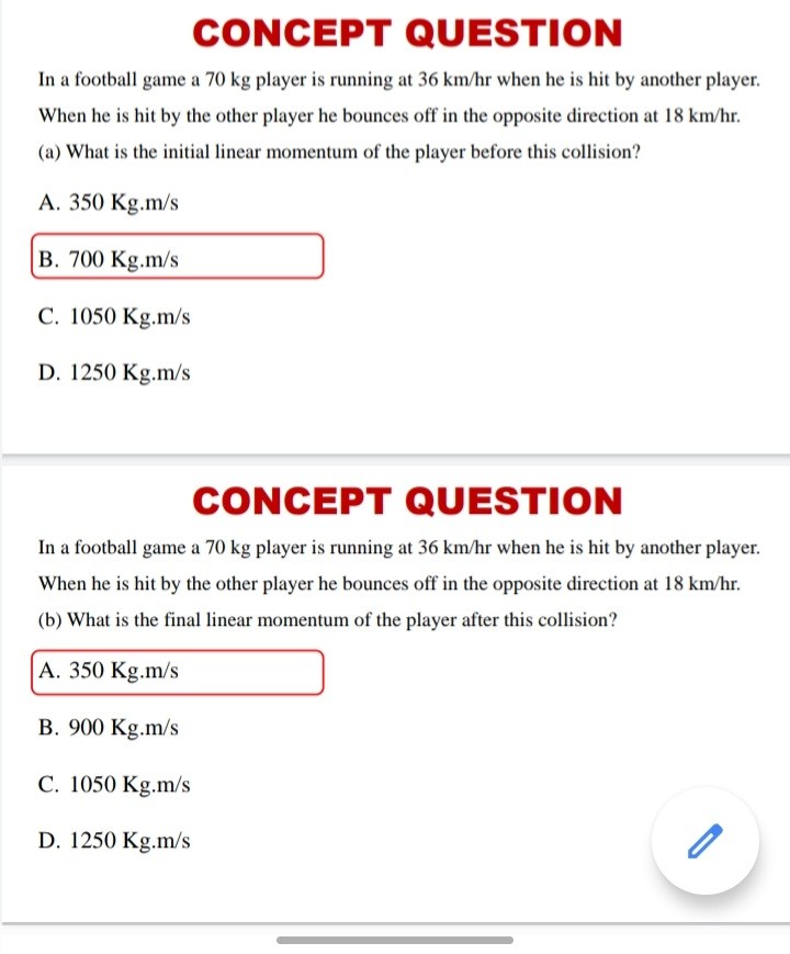 In a football game a 70 kg player is running at 36 km / hr when he is hit by another player ...