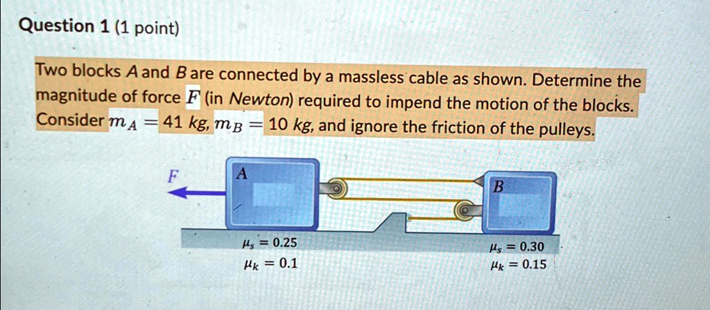 question 1 1 point two blocks a and b are connected by a massless cable as shown determine the ...
