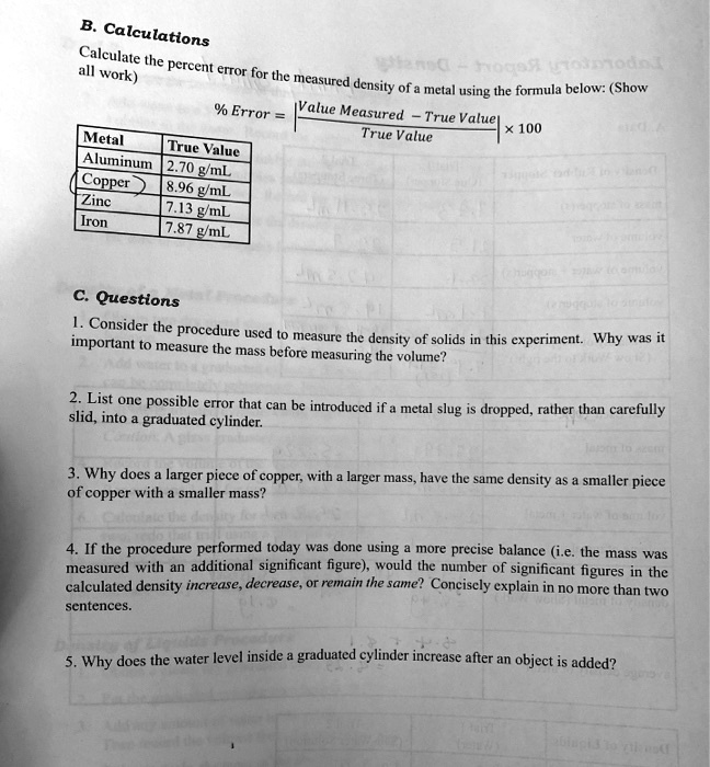 SOLVED: Calculations Calculate - the percent all work) error for the ...