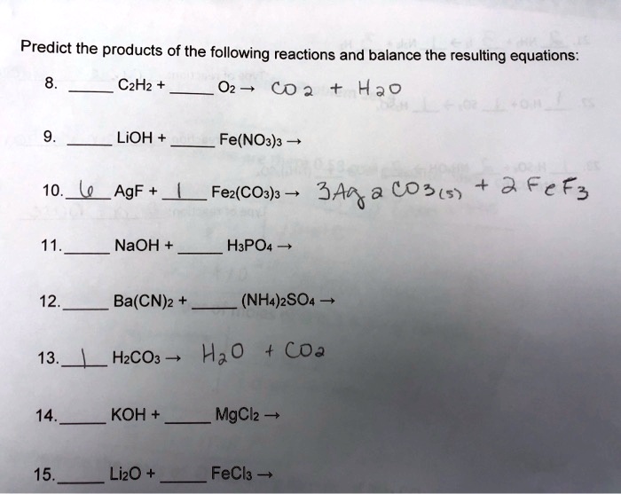 Predict the products of the following reactions and balance the ...