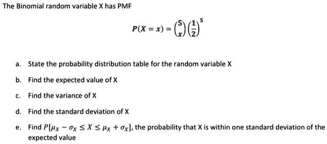The Binomial random variable X has PMF 5x((1)/(2))^5 a. State the probability distribution table ...