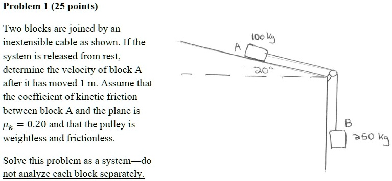 Problem 1 (25 points) Two blocks are joined by an inextensible cable as shown. If the system is ...