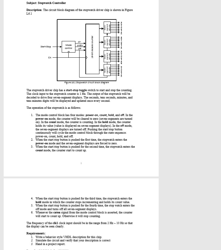 Solved Subject Stopwatch Controller Description The Circuit Block Diagram Of The Stopwatch 9927