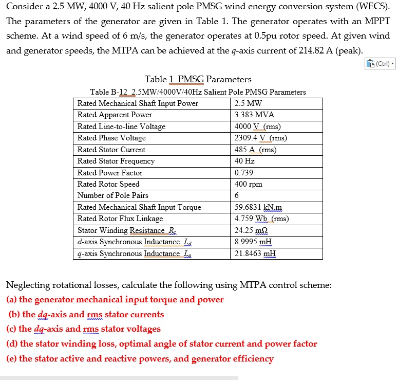 Consider a 2.5 MW, 4000 V, 40 Hz salient pole PMSG wind energy ...