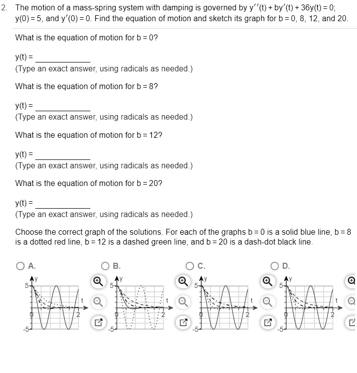 SOLVED: The motion of a mass-spring system with damping is governed by y”(t) - by' (t) + 36y(t ...