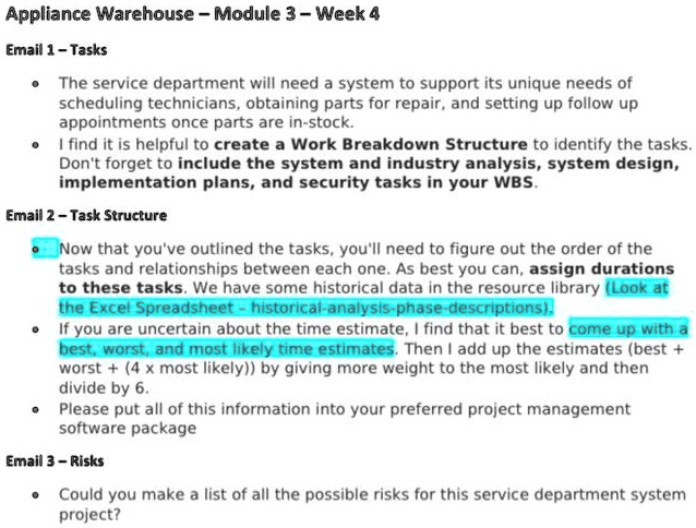 Appliance Warehouse - Module 3 - Week 4 Email 1-Tasks 0 The service ...