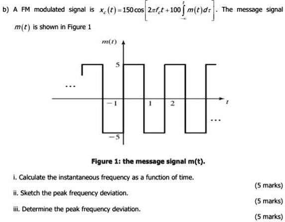 b) A FM modulated signal is xc(t) = 150 cos[ 2π fc t + 100 ∫-∞^t m(τ)dτ]. The message signal m(t ...
