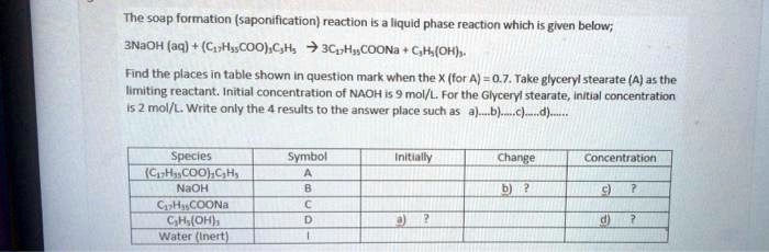 SOLVED: The soap formation (saponification) reaction is a liquid phase ...
