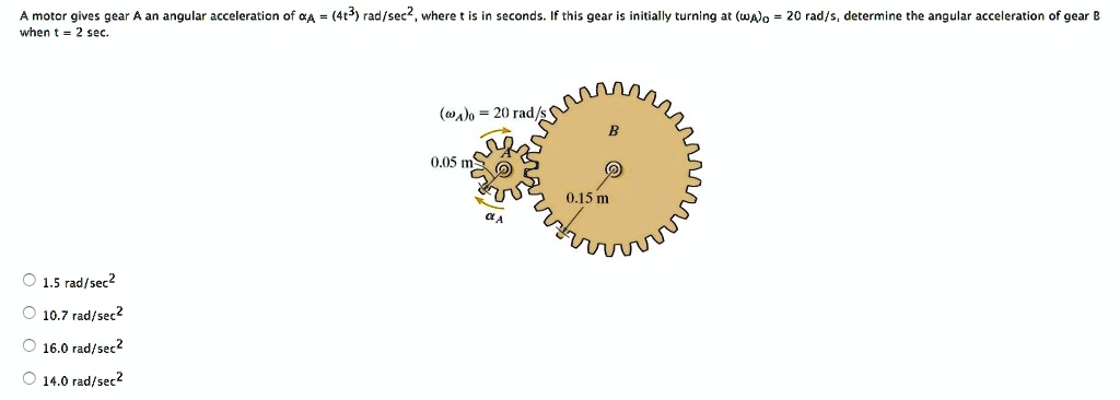 SOLVED: A motor gives gear A an angular acceleration of A = (4t3) rad ...
