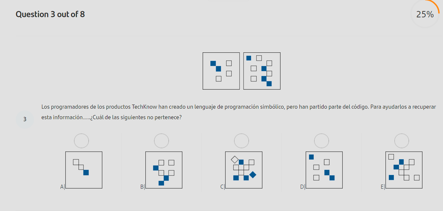 Question 3 out of 8 25 % Los programadores de los productos...