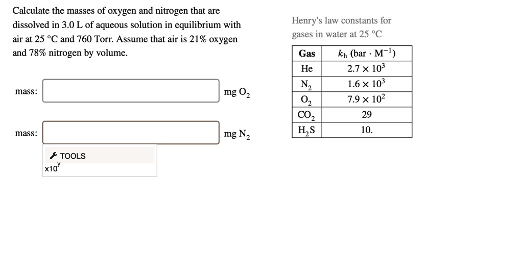 SOLVED: Calculate the masses of oxygen and nitrogen that are dissolved in 3.0 L of aqueous ...
