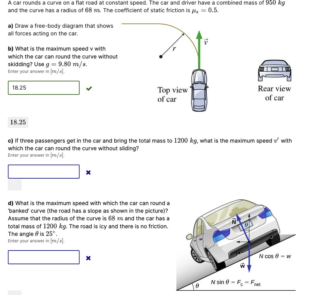 A car rounds a curve on a flat road at a constant speed. The car and ...