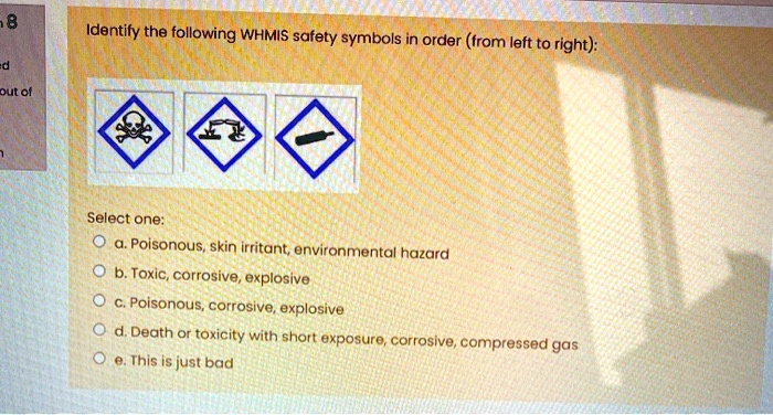 SOLVED: Identify the following WHMIS safety symbols in order (from left ...