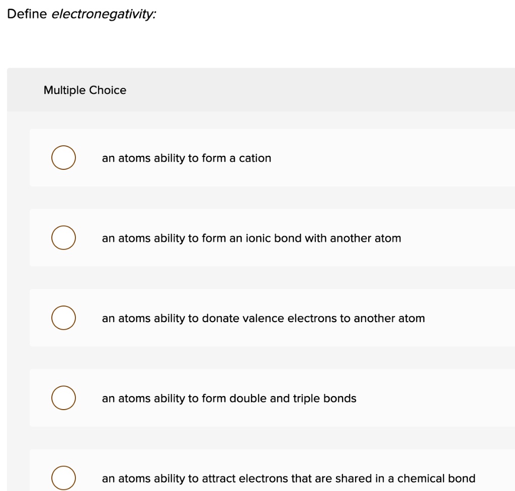 SOLVED: Define electronegativity: Multiple Choice an atoms ability to form a cation an atoms ...